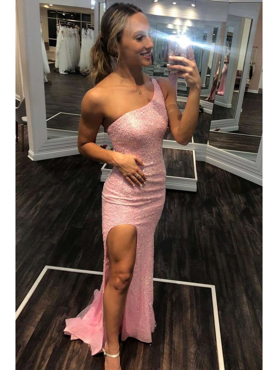 Long Pink One Shoulder Sparkle Sequin Prom Dresses Formal Evening Gowns ...